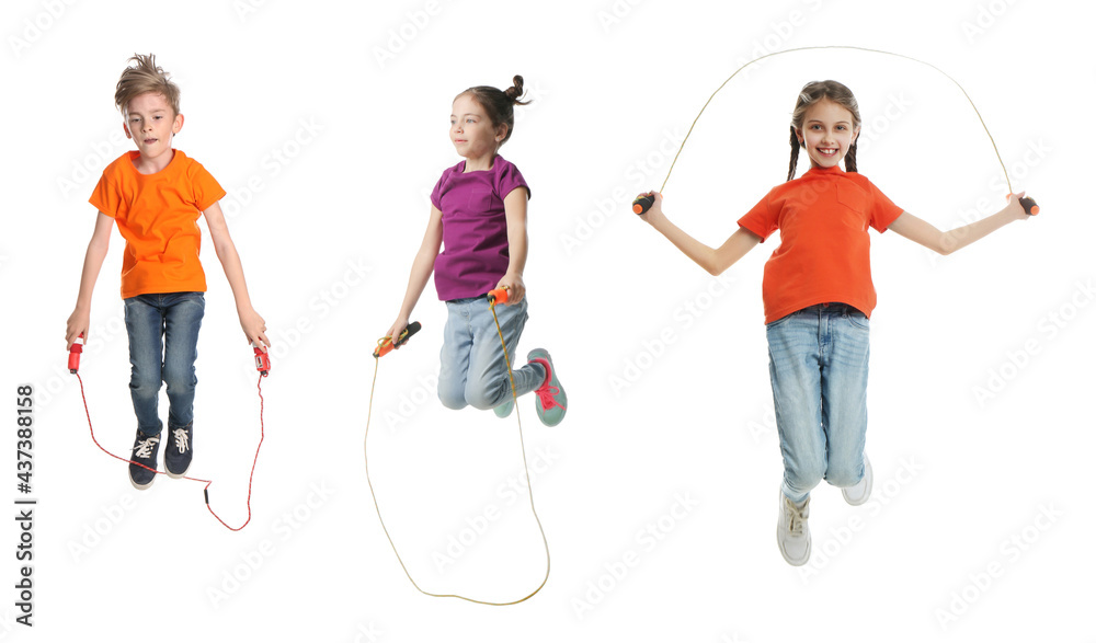 Cute happy children with jumping ropes on white background, collage ...