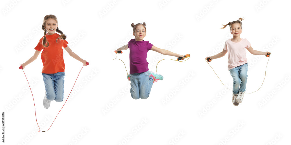 Cute happy children with jumping ropes on white background, collage ...