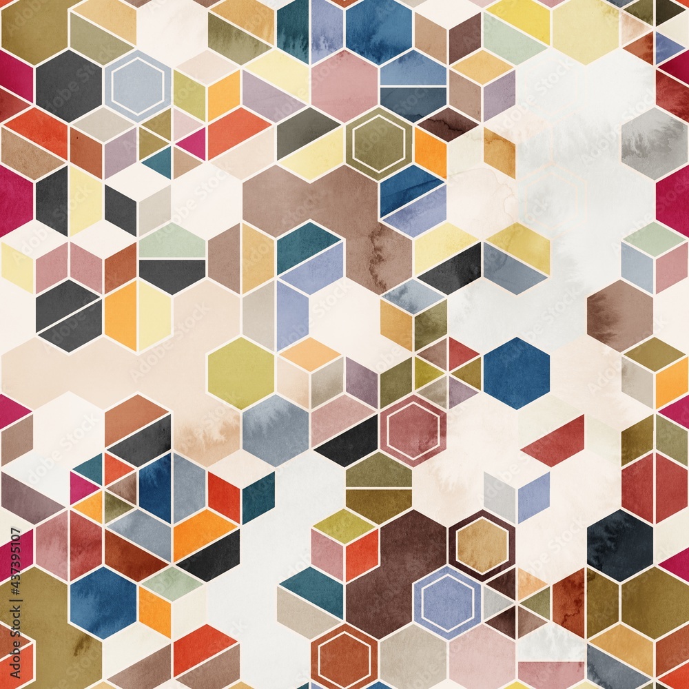 Seamless pattern of hexagons in random colors in watercolor. High ...