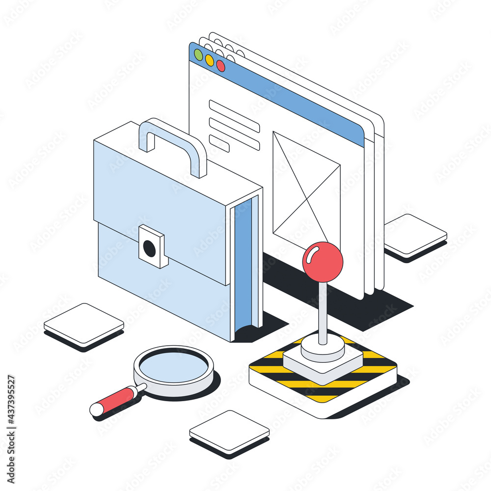 Briefcase bag, computer window, magnifier search, control panel. Vector ...
