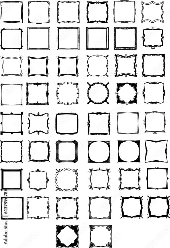 Vector illustration of fifty black and white hand drawn square frames ...