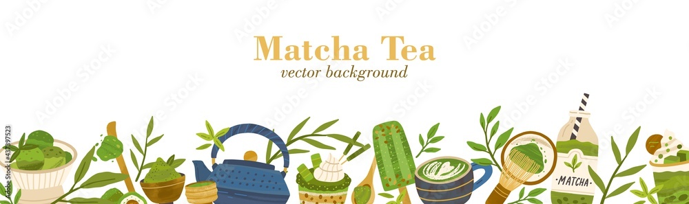 Web banner template with matcha food and drinks border on white ...