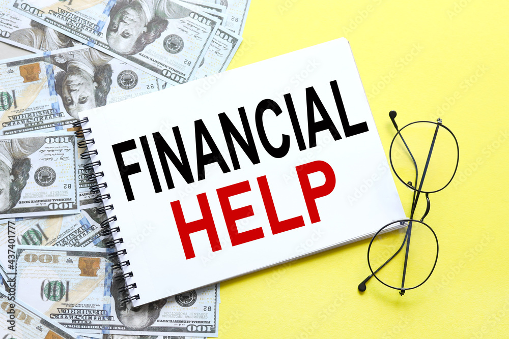 Financial help. background with money, dollar bills and yellow ...