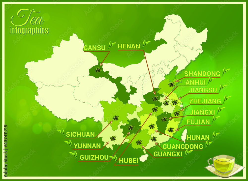 Map of the provinces of China where tea grows. Chinese green tea. Stock ...