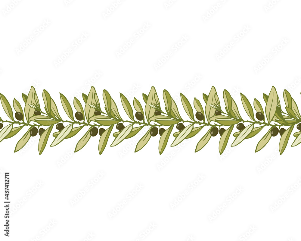 seamless brush, border with olive tree branches, stylized vector ...
