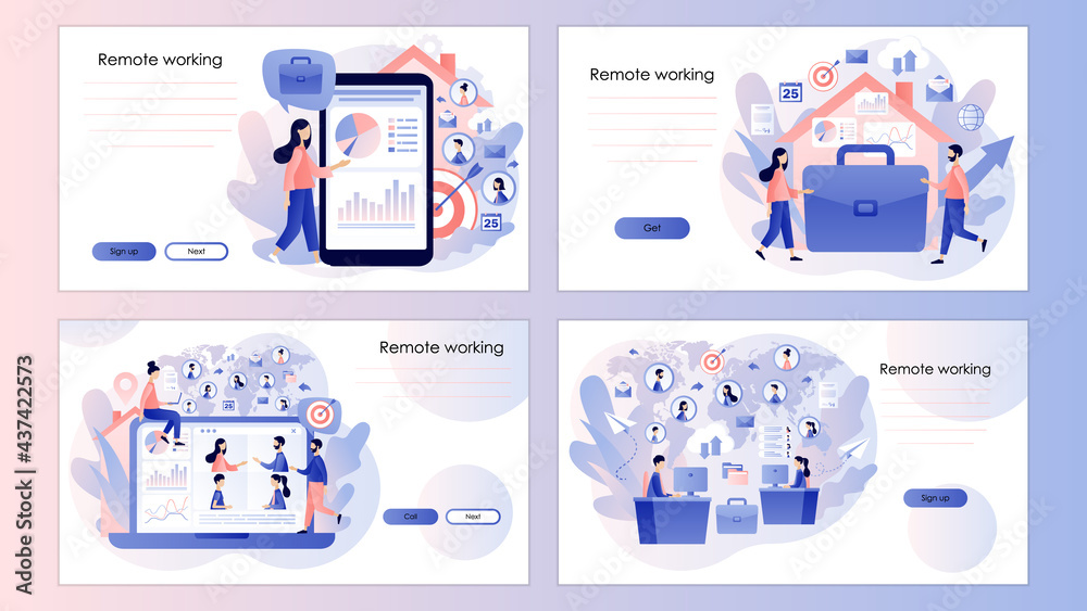 Remote working. Work from home and work from anywhere. Tiny people ...