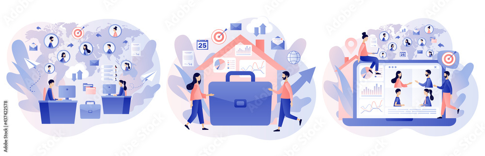 Remote working. Work from home and work from anywhere. Tiny people ...