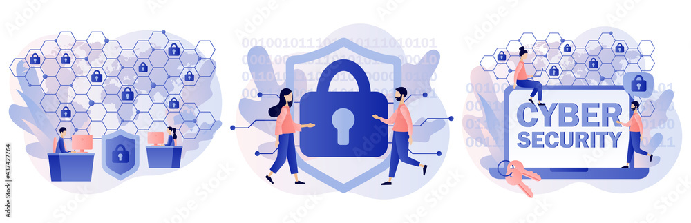 Cyber security. Global network security. Data protection. Tiny people ...