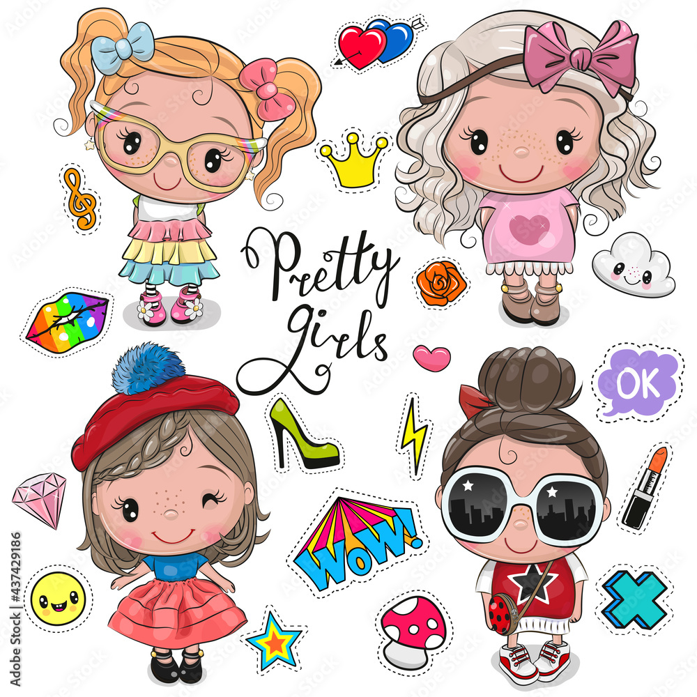 Cute cartoon girls and design elements on a white background Stock ...