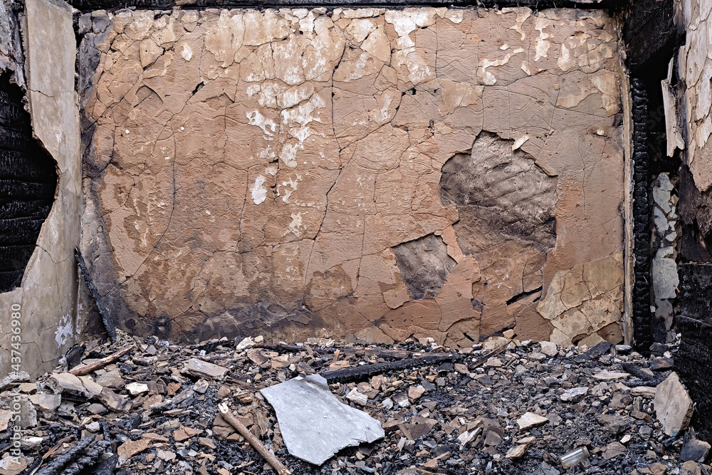 Burned and ruined house interior after fire, consequences of fire ...