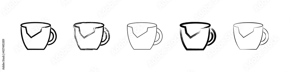 Broken cups icons set. Vector illustration of a knocked over mug ...