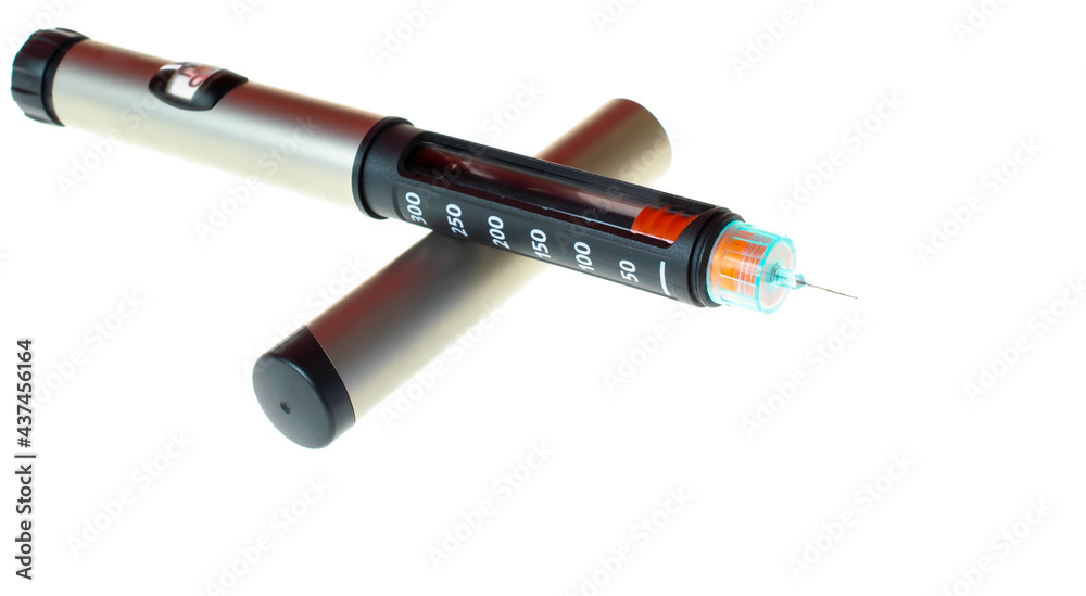 Insulin pen injector. Insulin pen fill with needle on white background ...