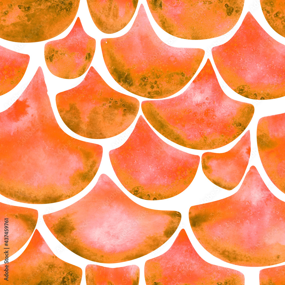 Watercolor fish scale seamless pattern on a white background. Orange ...