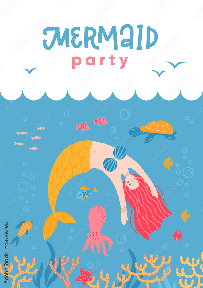 Having fun mermaid and sea life cartoon for party invitation card A4 ...