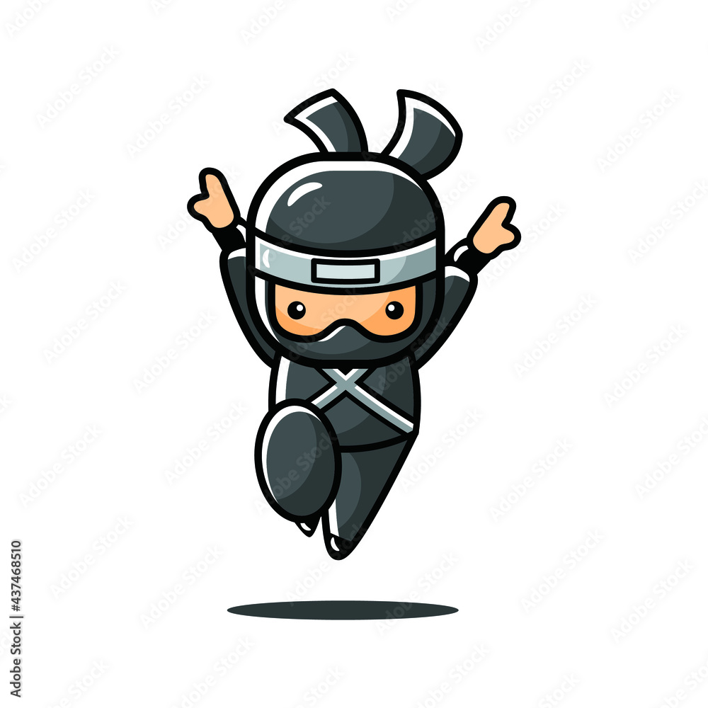 Cartoon little black ninja jump with two hands Stock Vector | Adobe Stock