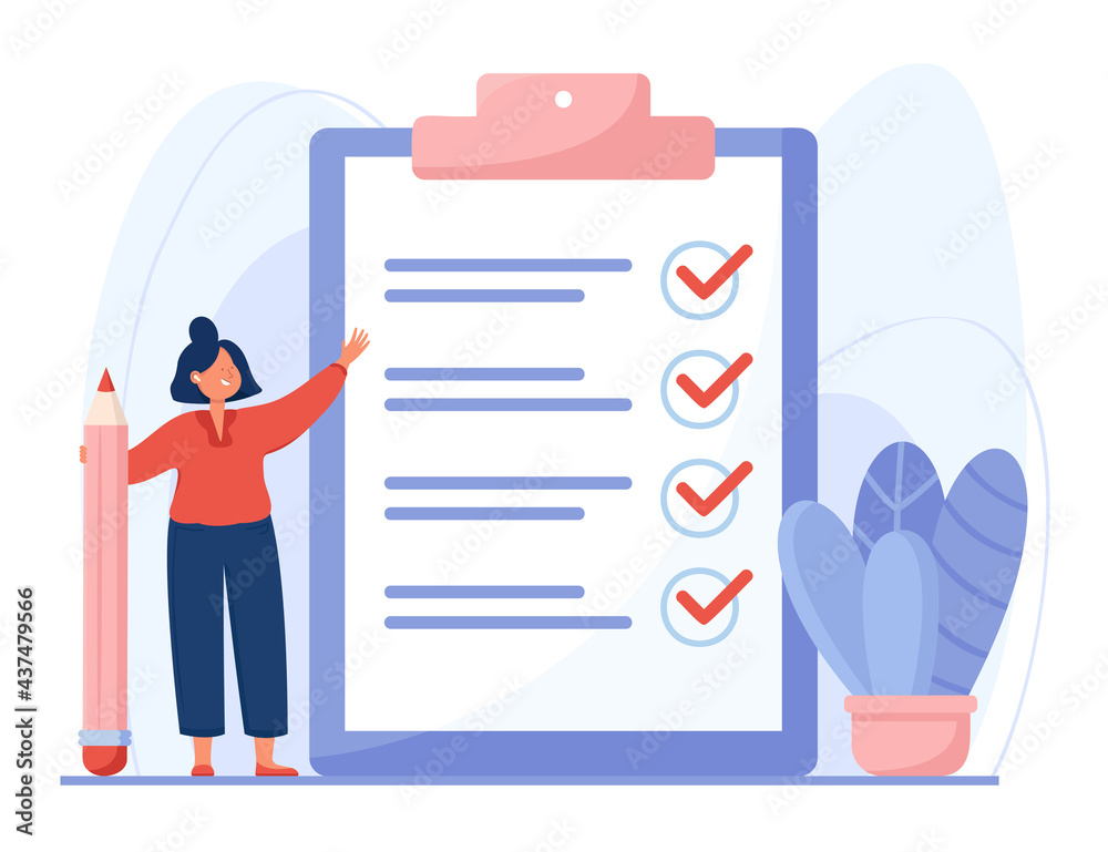 Completed checklist of cartoon woman flat vector illustration ...