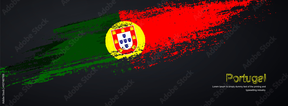 Grunge brush of Portugal flag on shiny black background. Creative ...