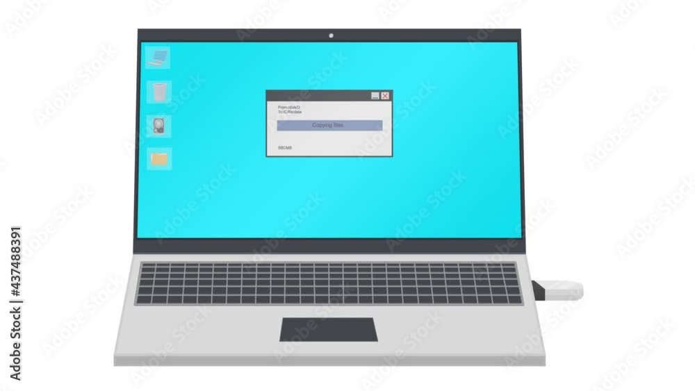 Connecting a USB drive to a laptop. Animation copying files, alpha ...