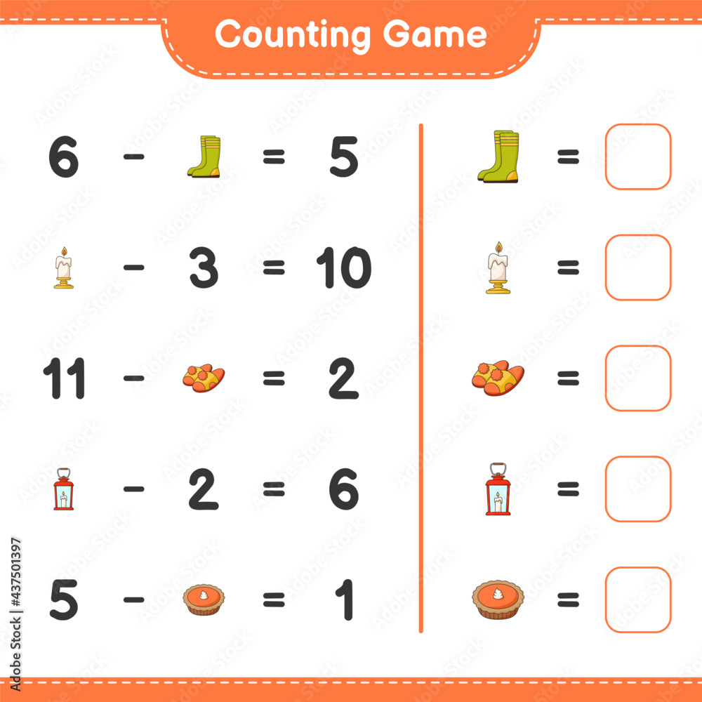 Counting game, count the number of Rubber Boots, Candle, Slippers ...