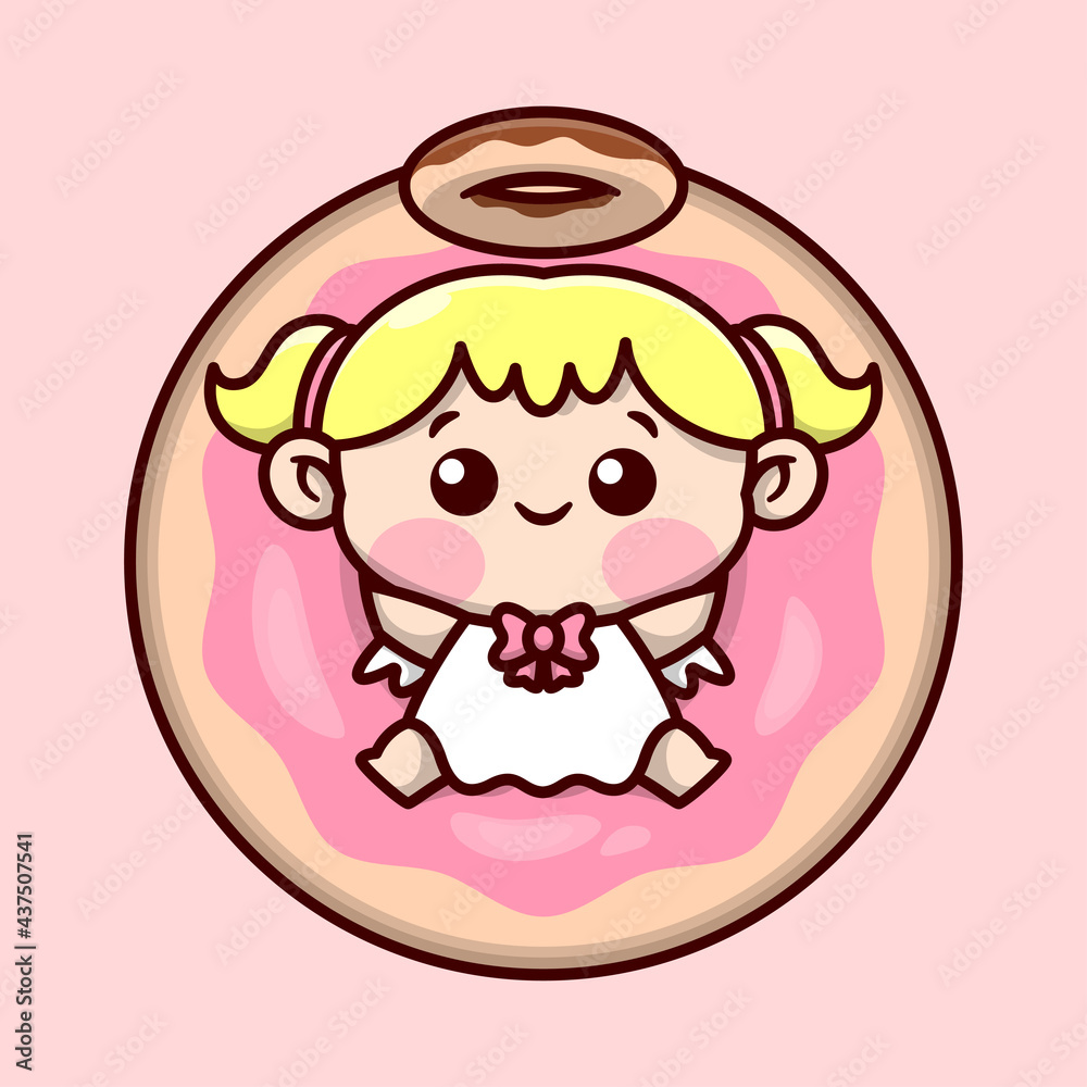 CUTE BLONDE LITTLE ANGEL WITH DONUT RING ON HER HEAD IS SITTING IN A ...