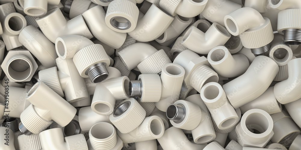 Various fittings of pvc plastic pipes and tubes in heap. Plumbing ...