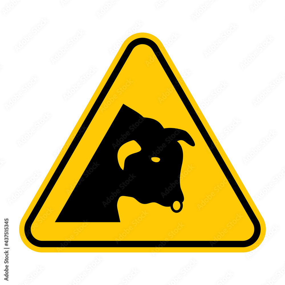 Bull warning sign. Vector illustration of yellow triangle sign with ...