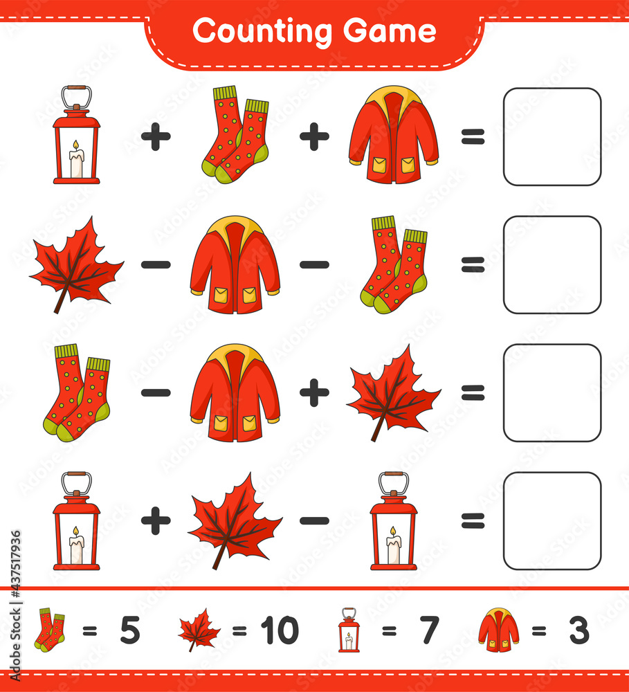 Counting game, count the number of Lantern, Socks, Warm Clothes, Maple Leaf and write the result ...