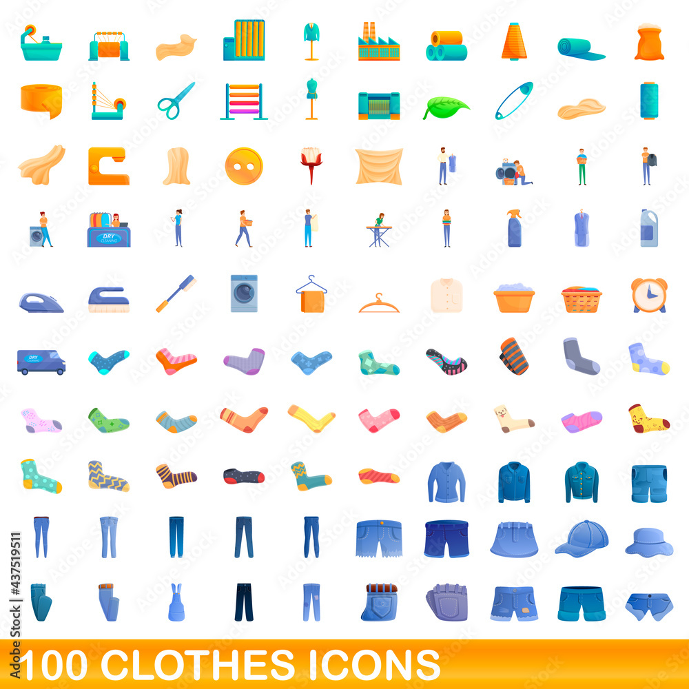 100 clothes icons set. Cartoon illustration of 100 clothes icons vector ...