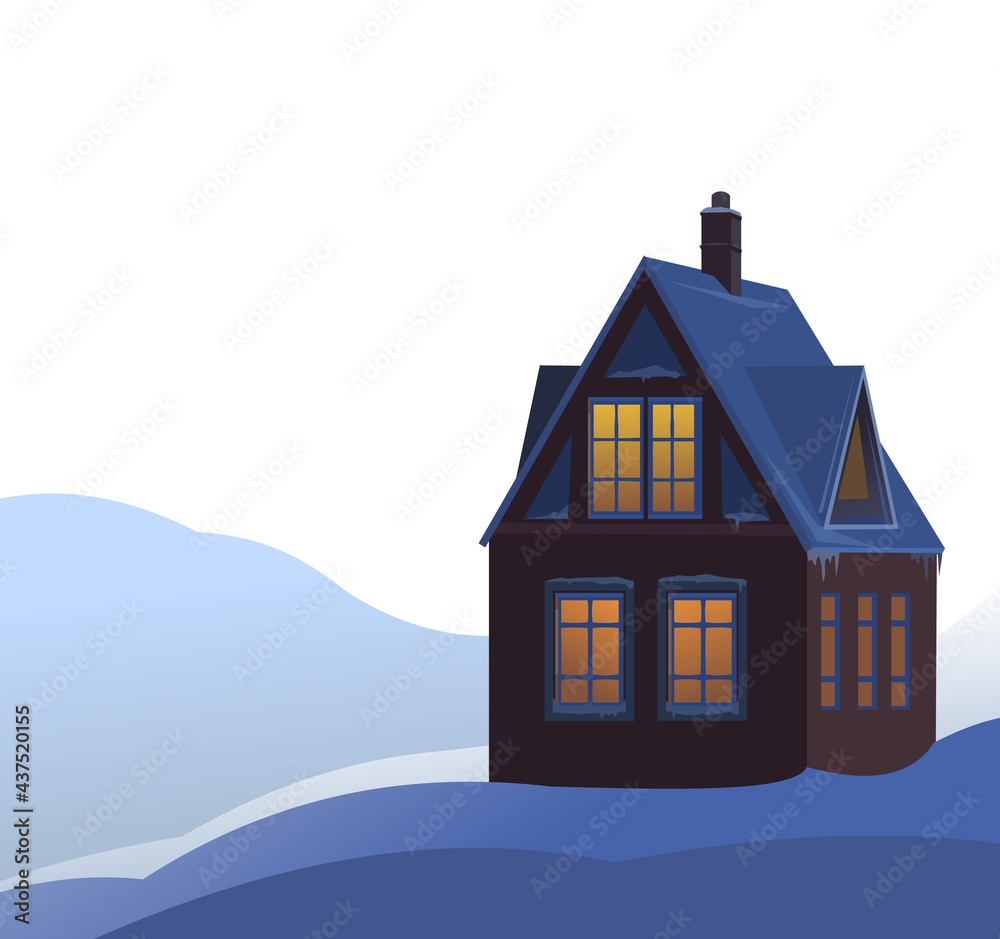 Rural small house in winter. Landscape. Attic. Christmas night. Quiet ...