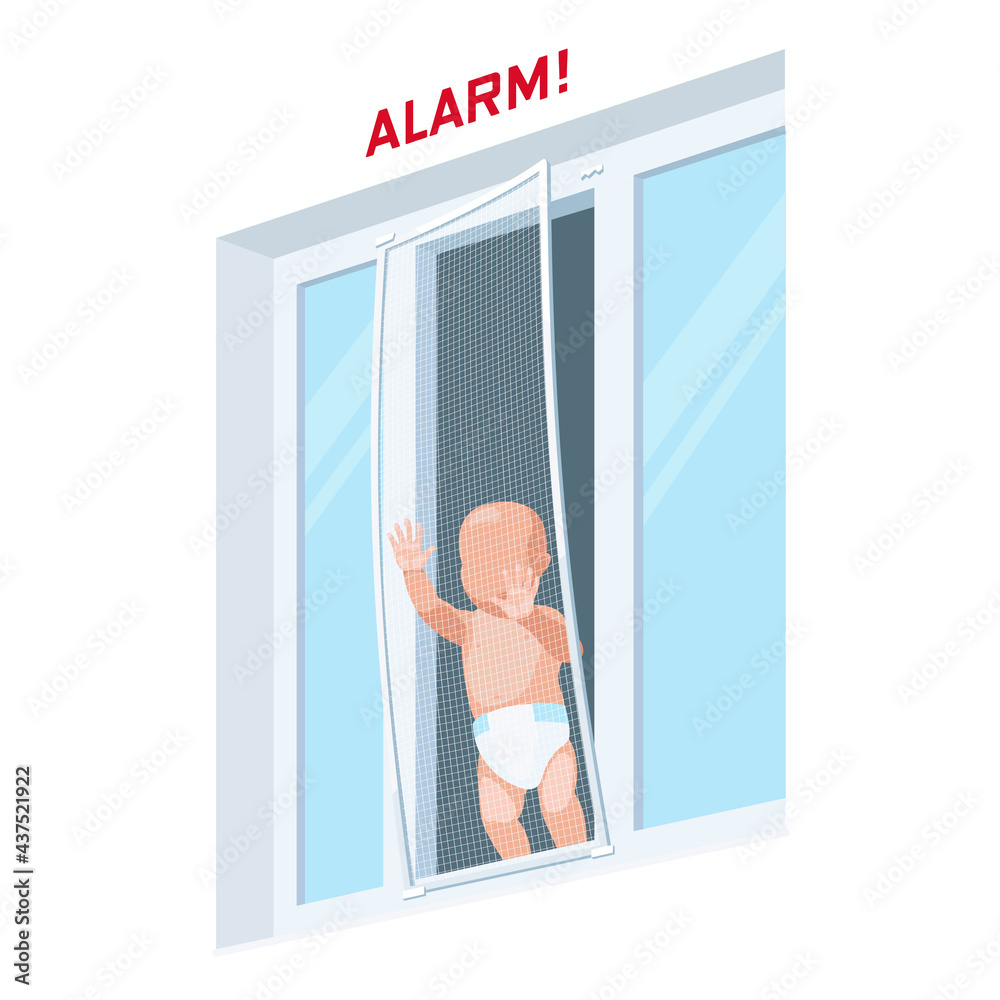 Little child pushing out the window frame with mosquito net. Toddler is ...