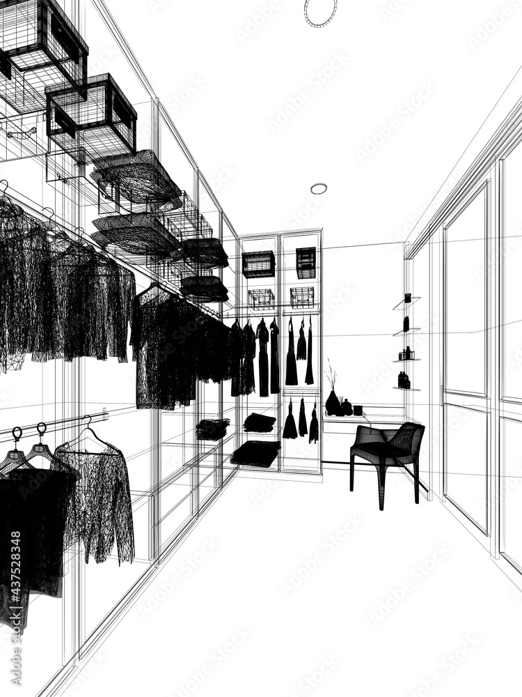 sketch design of interiorwalk-in closet,3d rendering Stock Illustration ...