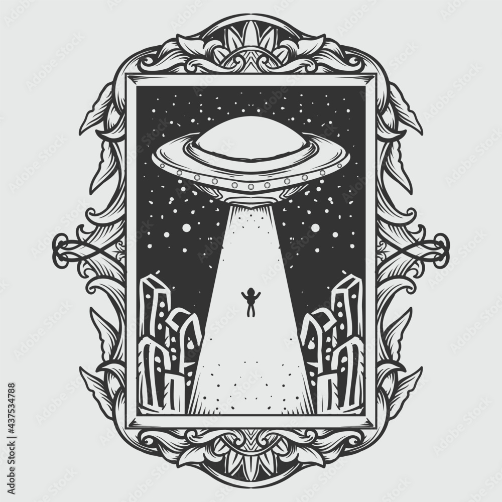 tattoo and t shirt design black and white hand drawn u f o alien ...