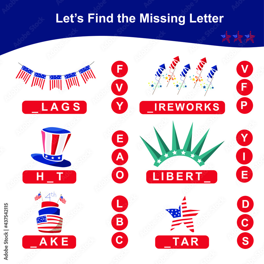 American Independence Day finds the missing letter game for Preschool ...