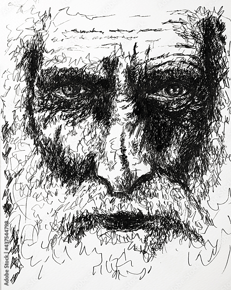 Hand drawing portrait of a lonely old upset man. The sketch is made by ...