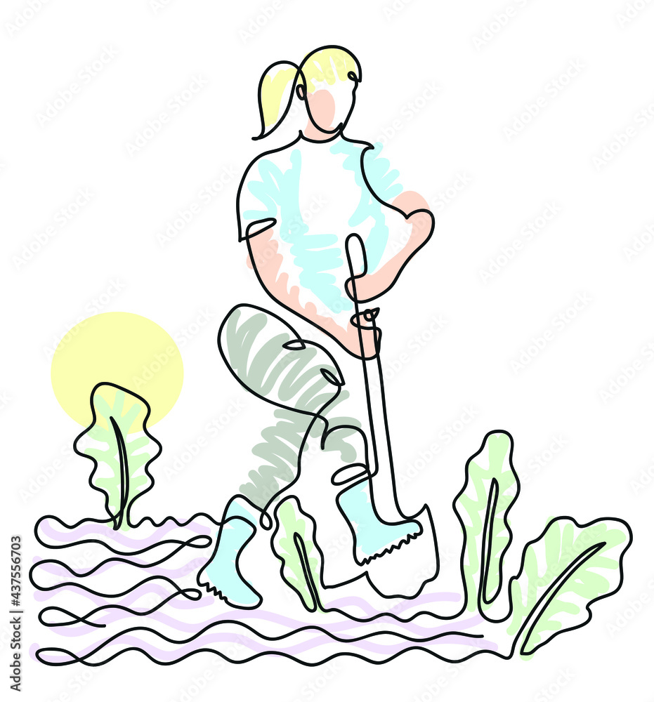 One line drawing of woman digging soil in garden. One continuous line ...