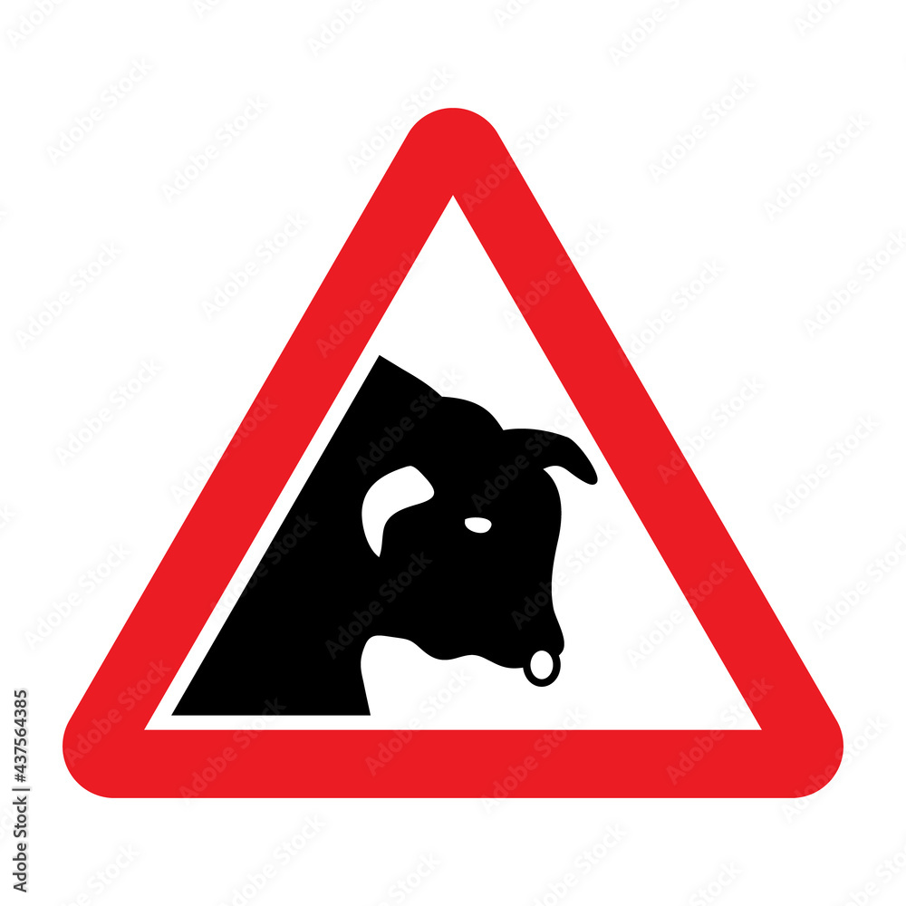 Bull warning sign. Vector illustration of red triangle sign with bull ...
