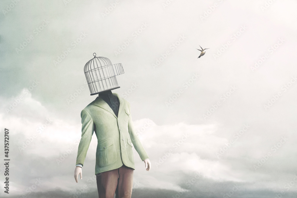 Illustration of open minded person meditating, surreal abstract concept ...