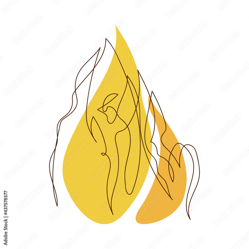 Simple linear fire, black line with colored spots, doodle style. Orange ...