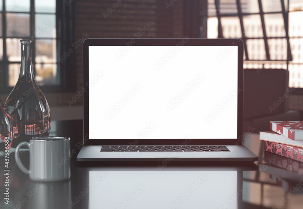 Mock up screen of computer on the desktop for presentation with coffee ...