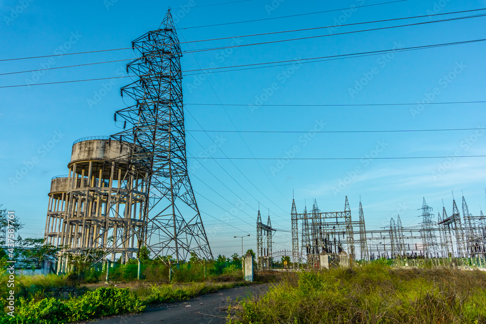 Silhouette effect of high voltage electric towers with electricity ...