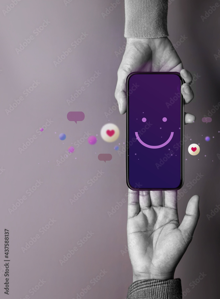 Customer Experience Concept. Happy Client giving a Smiling Emoticon via ...