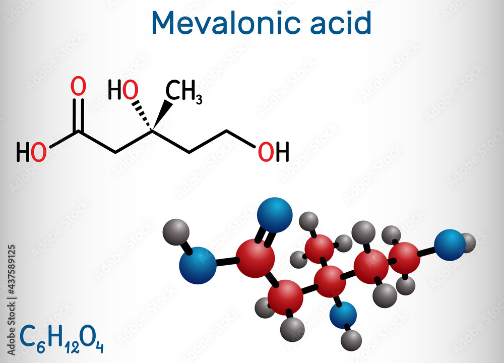 Mevalonic acid, MVA, R-mevalonic acid molecule. It is precursor in the ...