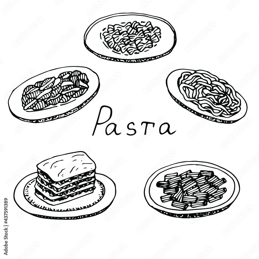 Set of pasta shells, farfalle, linguini, lasagna and rigatoni, vector ...
