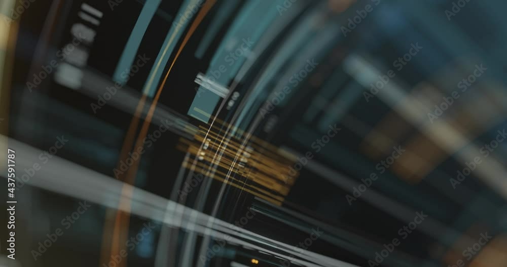 Abstract curved technology background with blue and orange neon light ...