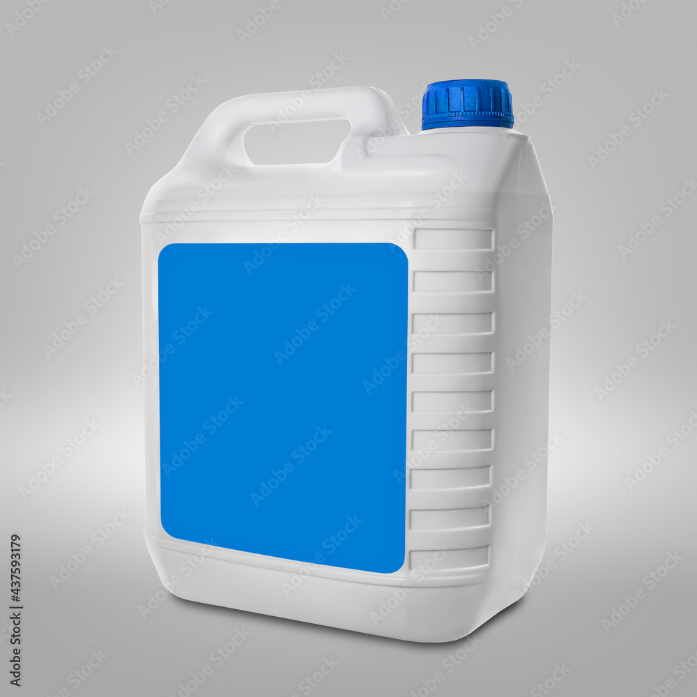 Plastic canister on a gray background. Blank white canister with empty ...