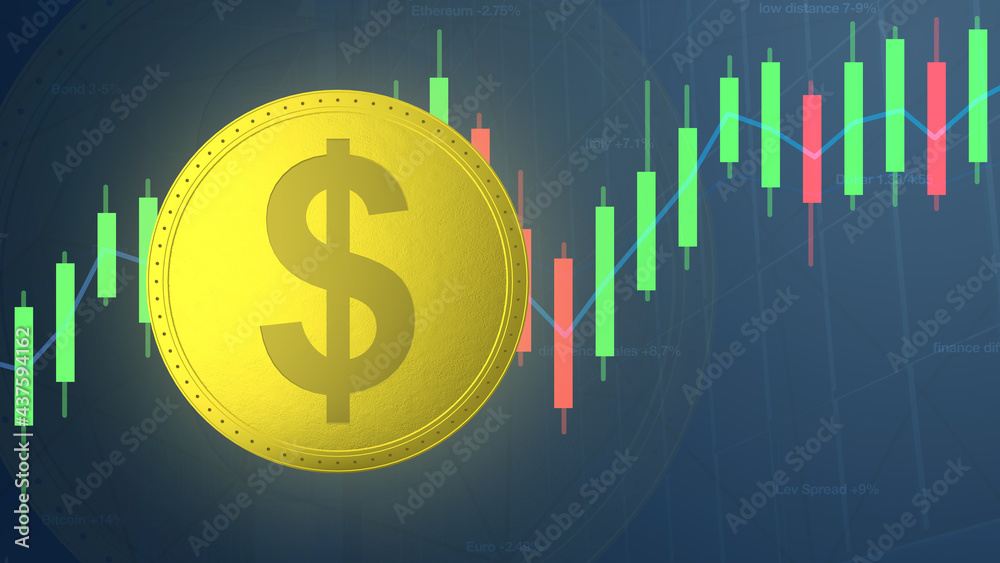 Dollar coin symbol on yellow money with trading graphic concept of a ...