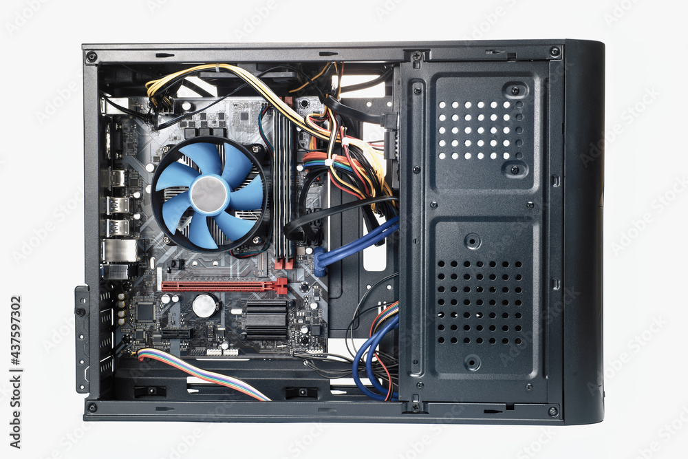 Black open desktop computer side view with motherboard visible Stock ... Black open desktop computer side view with motherboard visible Stock ...