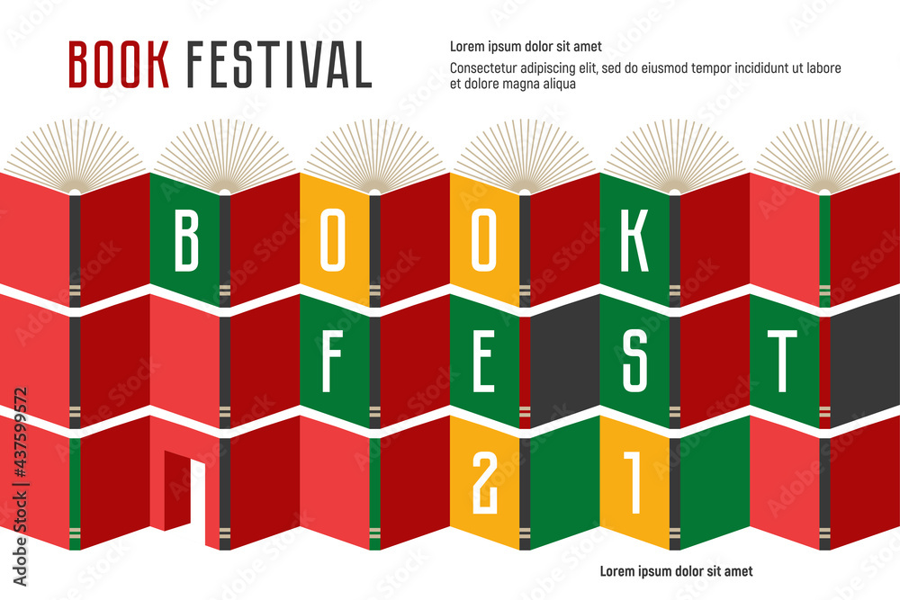 Banner for book festival. Open multi colored books on bookshelf. Vector ...