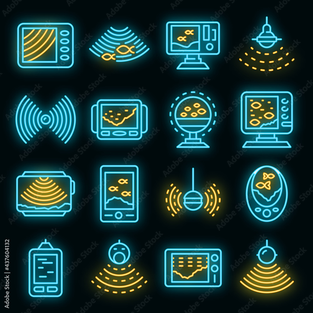 Echo sounder icons set. Outline set of echo sounder vector icons neon ...