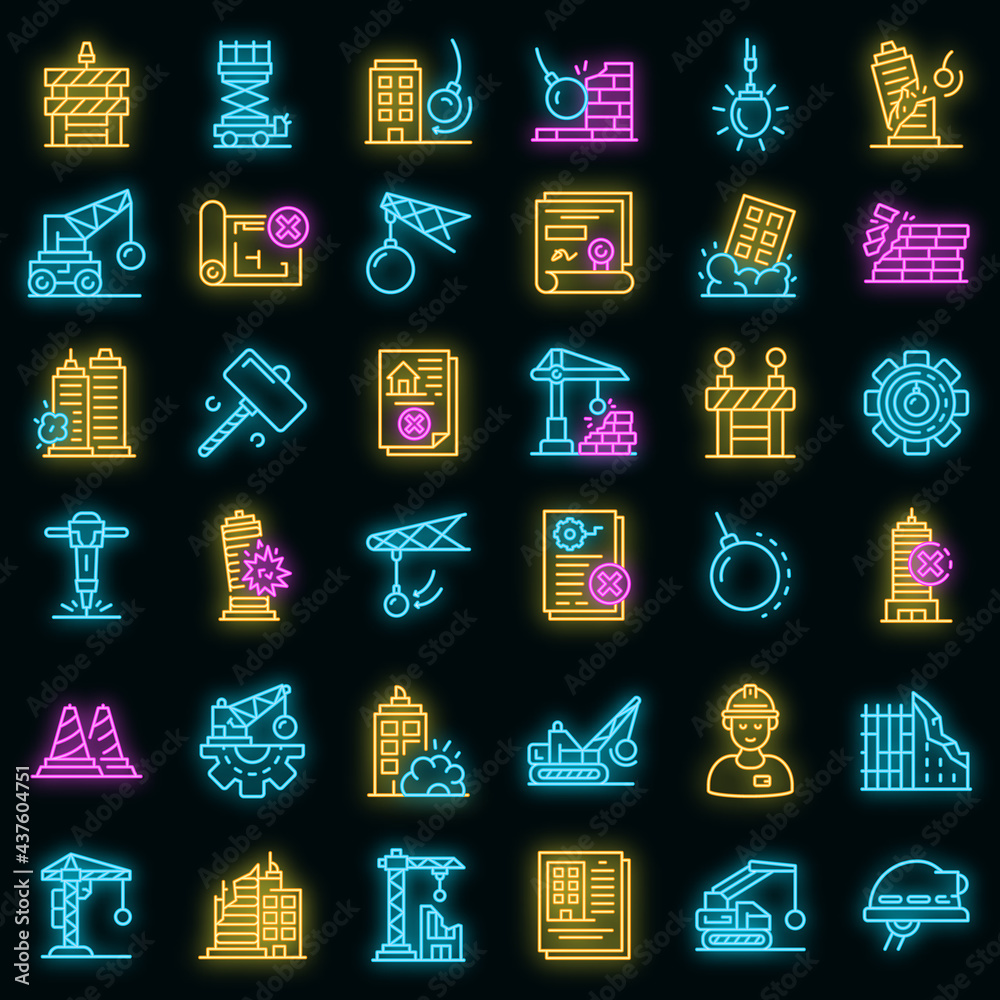 Demolition work icons set. Outline set of demolition work vector icons ...